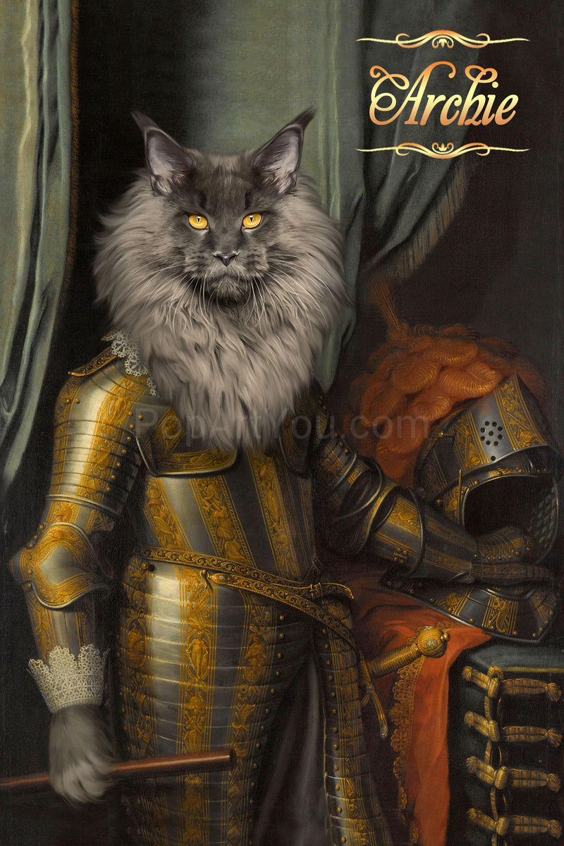 The Cavalier in armour male cat portrait - PopArtYouShop
